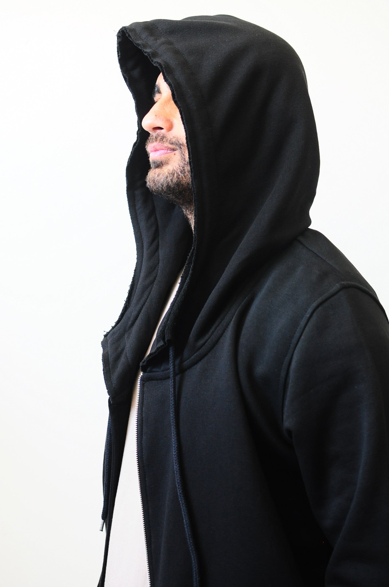Men's Black Hoodie with Asymmetric Zip & Gloves | Ofelya Boutique