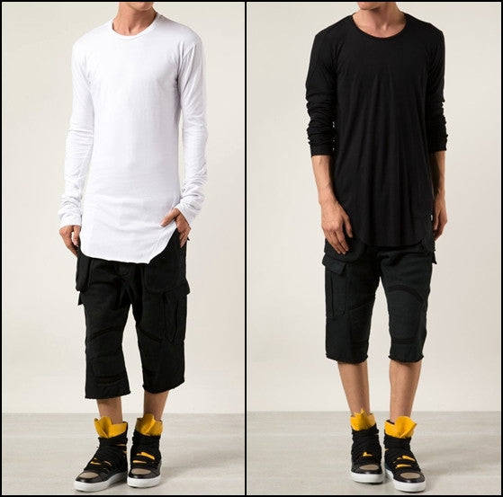 Long Sleeve Elongated Torso Central Back Seam Scooped Hem Overlong Tee ...